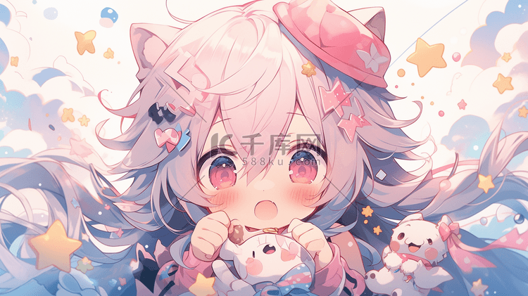 卡通动漫可爱小女孩抱着玩偶插画图片 千库网