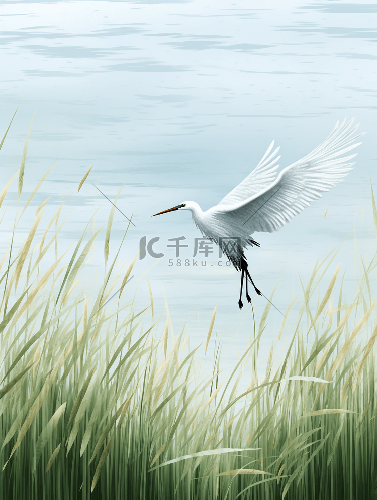 唯美草丛中的白鹭鸟白露节气18插画图片 千库网