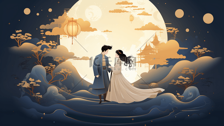 浪漫月下情侣约会七夕情人节6插画图片 千库网