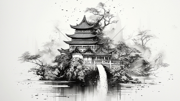 手绘中国风山水古建古风背景插画图片 千库网