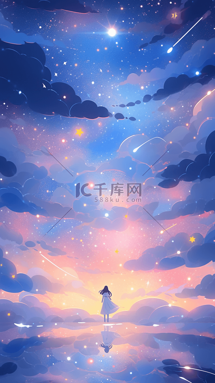 手绘唯美梦幻银河下的小女生治愈风插画图片 千库网