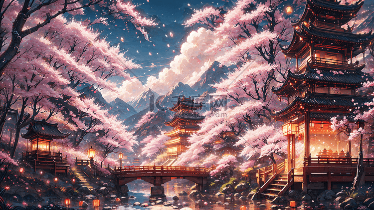 手绘唯美治愈中国风樱花盛开的桥边插画图片 千库网