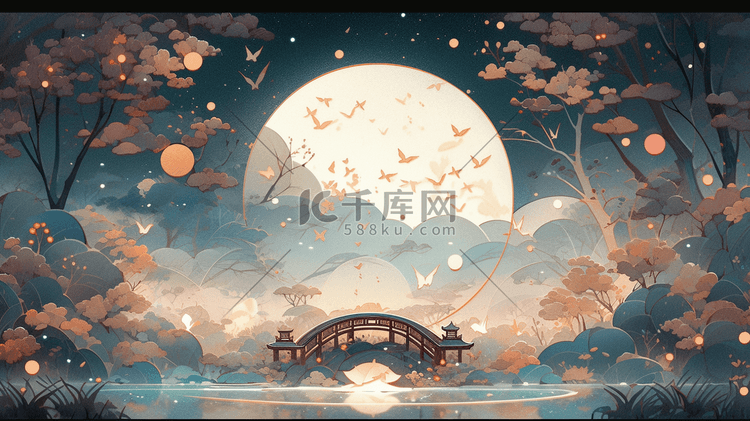 中国风国风唯美秋天夜晚小桥湖泊插画图片 千库网