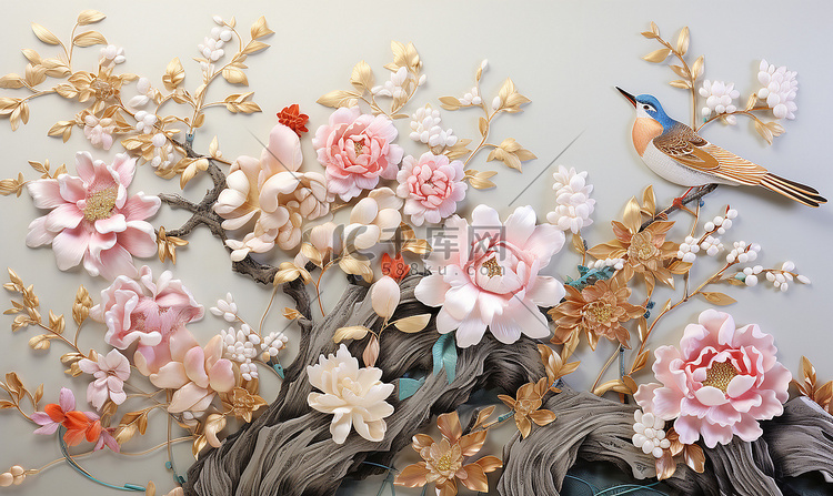 中国风微雕精工花鸟画逼真立体插画图片 千库网