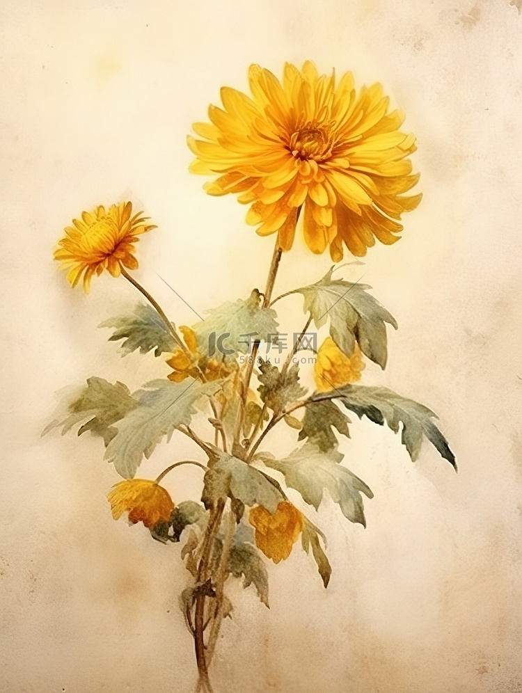 复古油画美丽的黄色菊花15插画图片 千库网