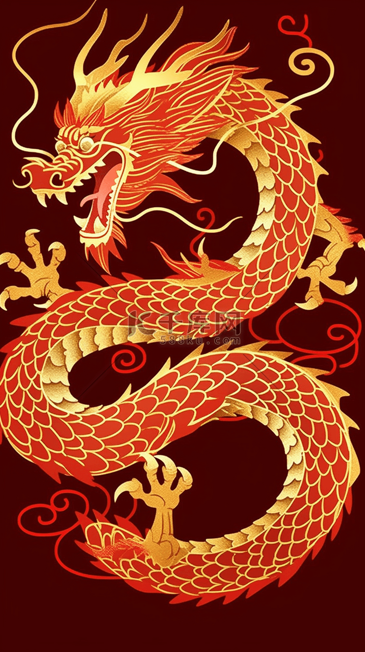 春节新年龙年一条金色威武的中国龙插画图片 千库网