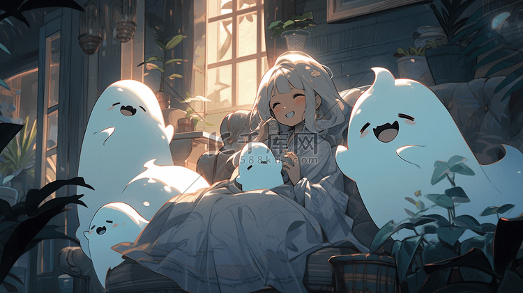卡通美少女和可爱的小幽灵插画图片 千库网