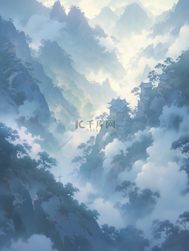 群山山脉中国风翡翠和蓝色17插画图片 千库网