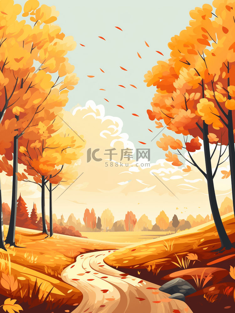 唯美金黄色树叶秋季风景22插画图片 千库网