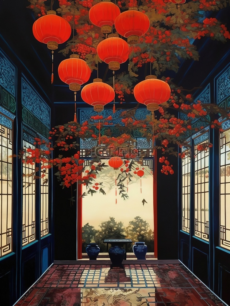 中国宫墙红灯笼石榴树古建筑14插画图片 千库网