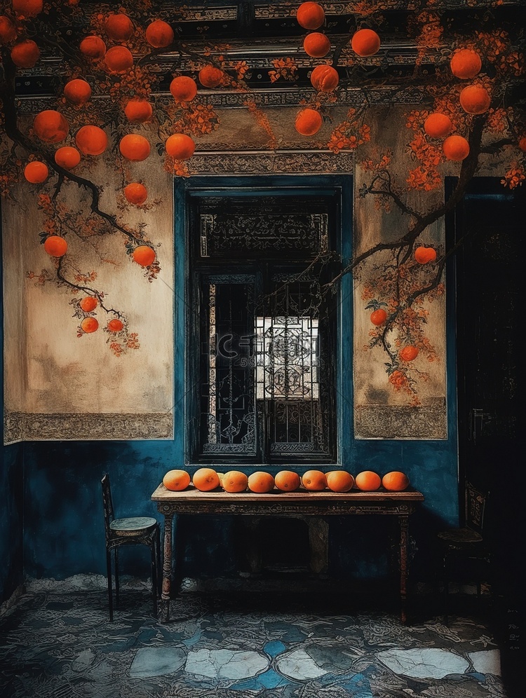 中国宫墙红灯笼石榴树古建筑15插画图片 千库网