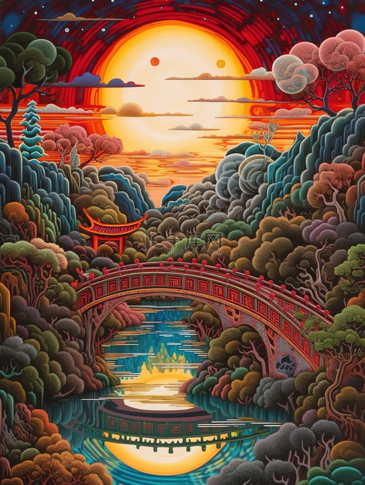 中国风中秋月亮古建筑20插画图片 千库网