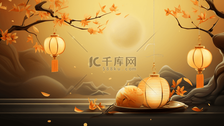中国风唯美花瓣月亮中秋节节日8插画图片 千库网