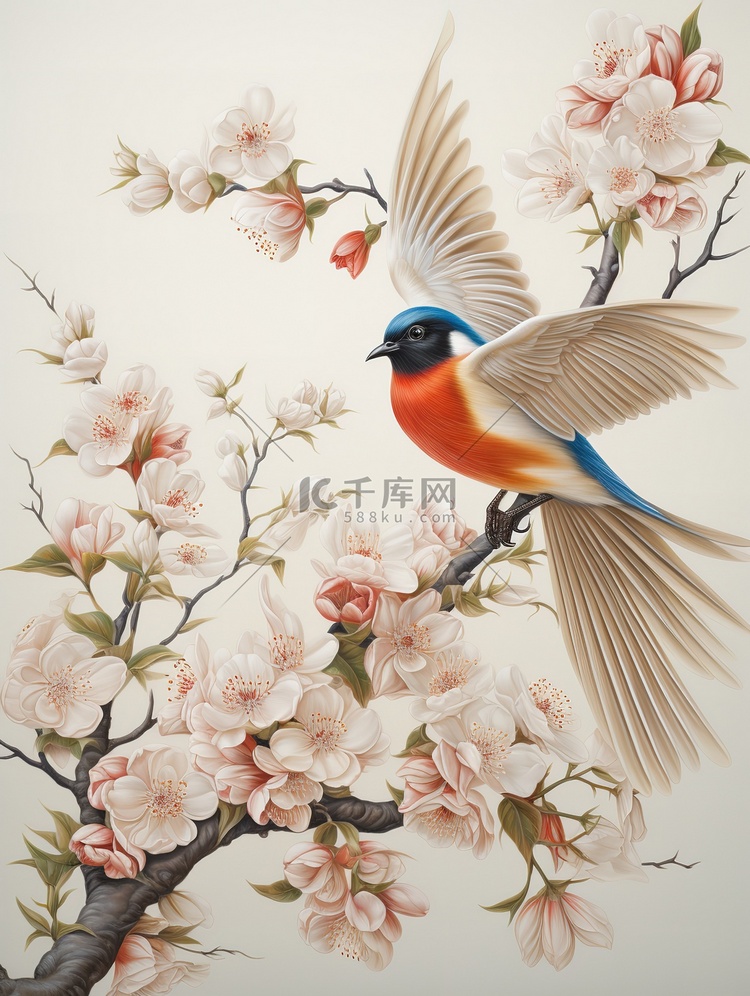 中国工笔画风格喜鹊和花朵插画图片 千库网