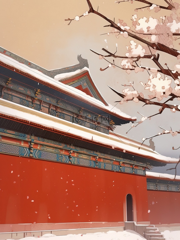 白雪皑皑红墙白瓦东方美学12插画图片 千库网