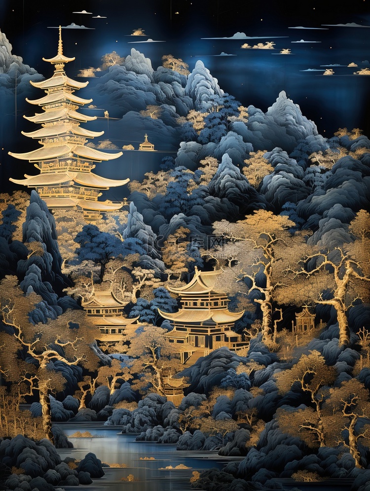 古色古香的山水画哑光黑色17插画图片 千库网