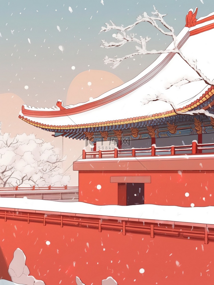 白雪皑皑红墙白瓦东方美学14插画图片 千库网