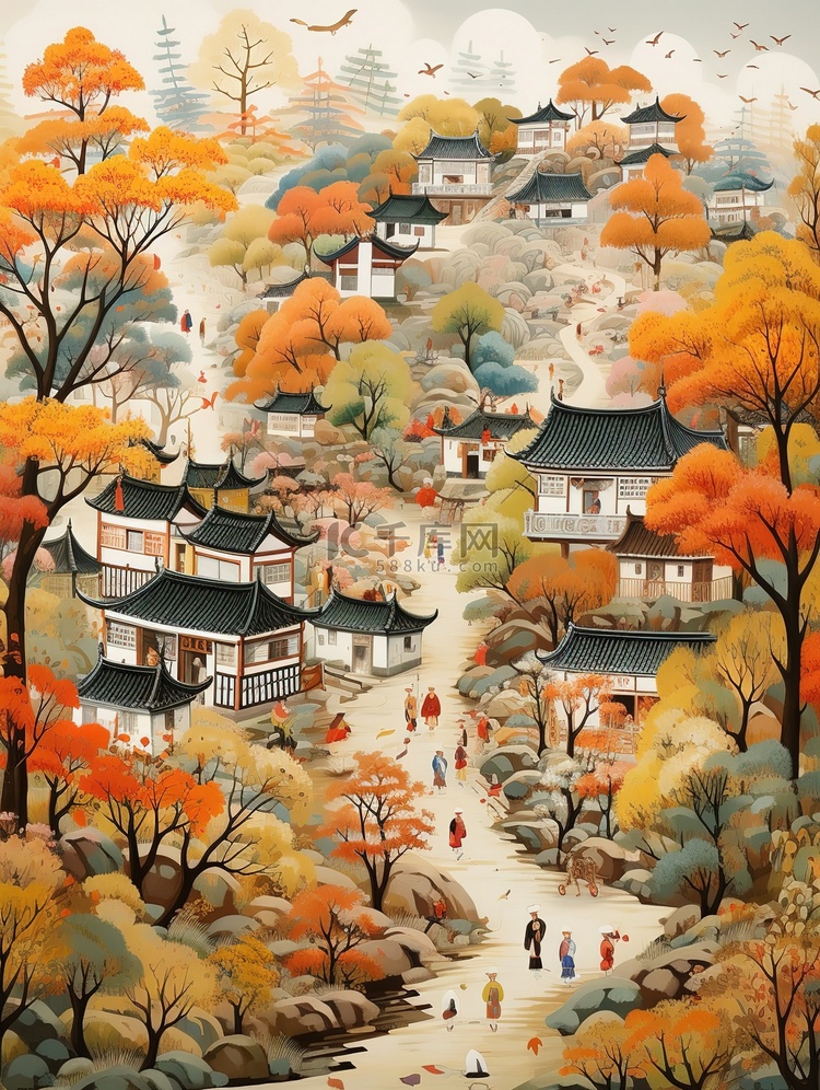 一幅秋天的村庄秋色深秋19插画图片 千库网