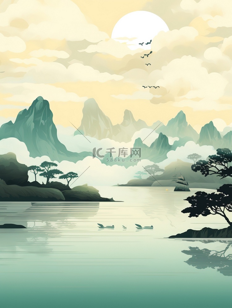 清湖上的小船中国风山水画13插画图片 千库网