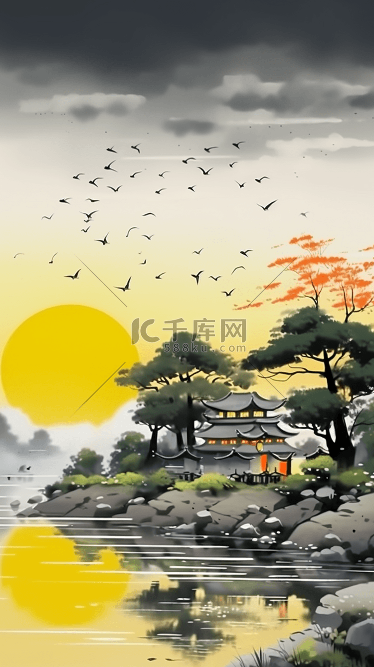 国风黄橙色秋天江南水乡风景19插画图片 千库网