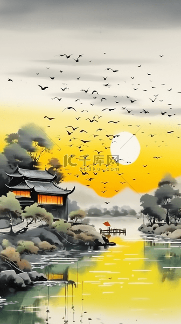 国风黄橙色秋天江南水乡风景5插画图片 千库网