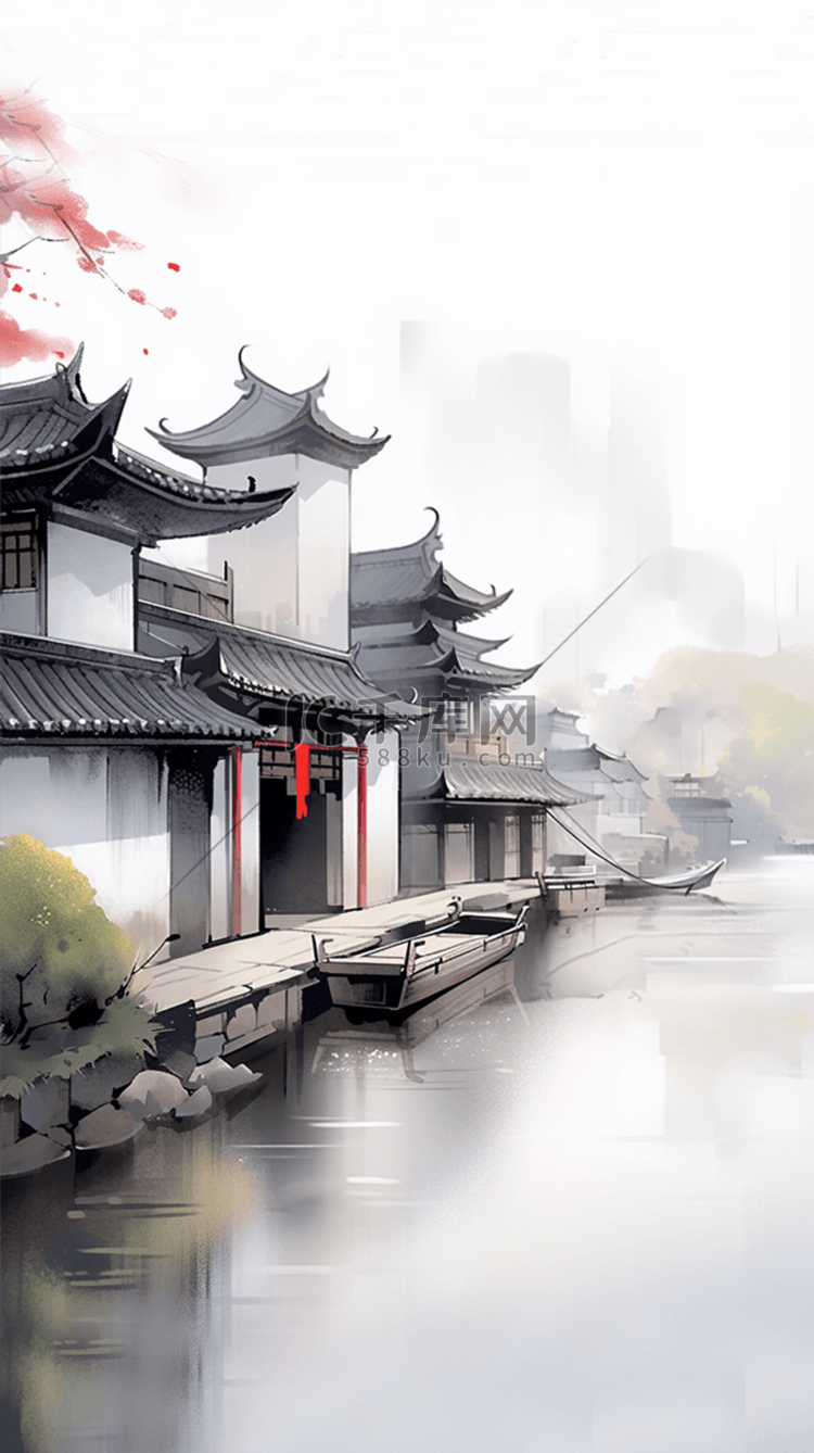水墨风水乡小镇江南水乡4插画图片 千库网