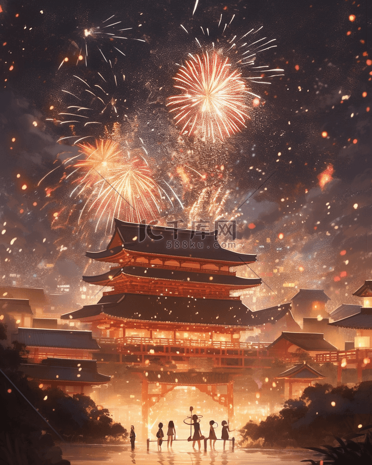 中国风国潮工笔画烟花氛围夜景插画图片 千库网