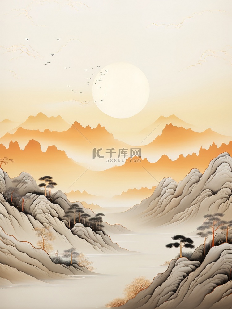 金色的中国山水工笔画湖光山水9插画图片 千库网