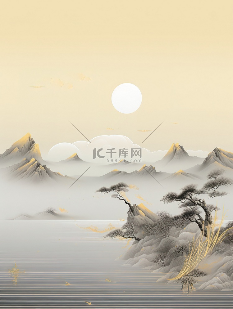金色的中国山水工笔画湖光山水4插画图片 千库网
