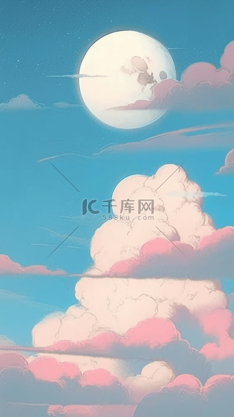 蓝粉色中秋明月和粉彩梦幻云朵插画图片 千库网