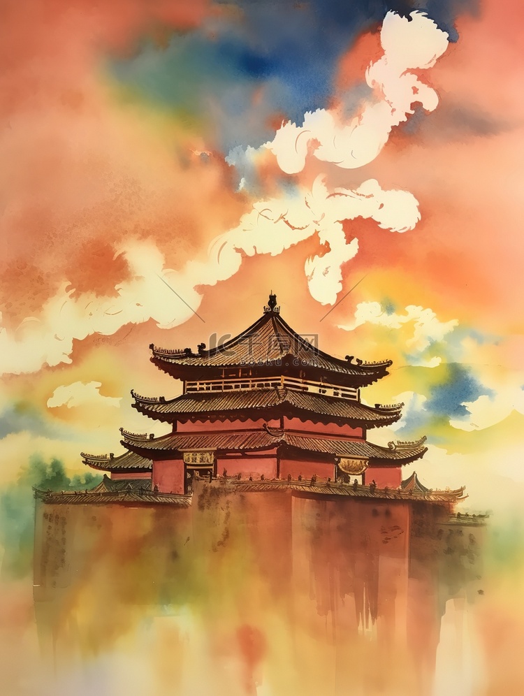 中国风古代宫殿镀金建筑水彩画13插画图片 千库网
