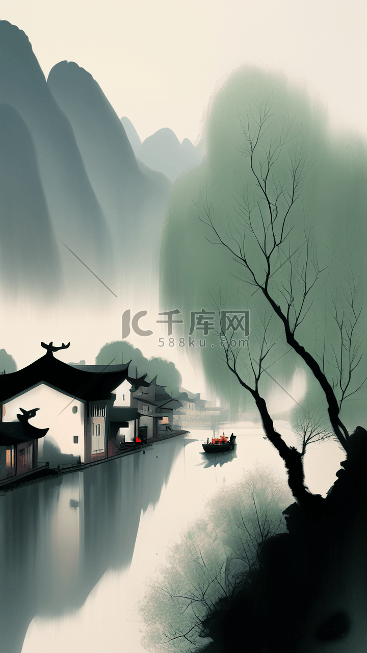 国风烟青色江南水乡山水古镇8插画图片 千库网