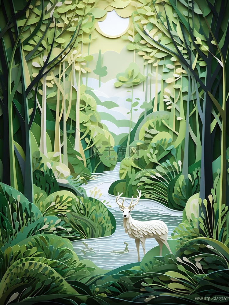 麋鹿森林剪纸艺术8插画图片 千库网