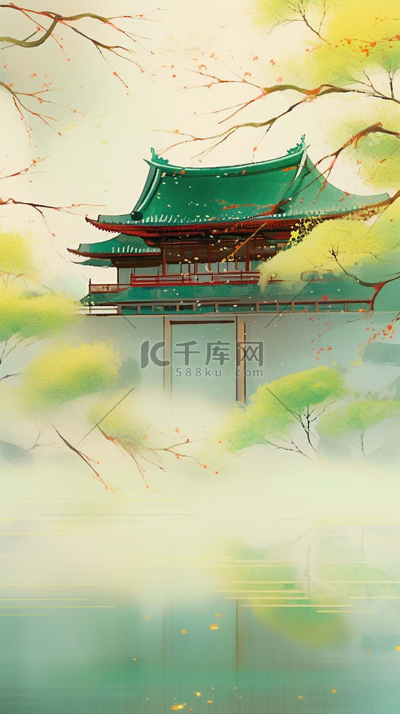 水粉水彩国风山水中式亭台楼阁插画图片 千库网
