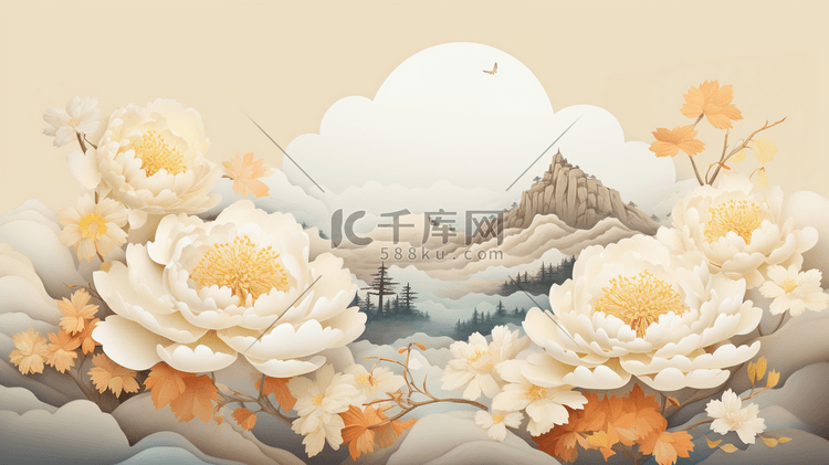 手绘中秋圆月牡丹国画2插画图片 千库网