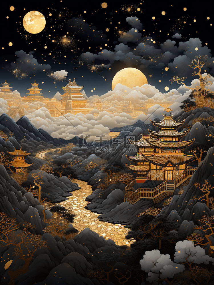 手绘唯美明月古风山水楼阁6插画图片 千库网