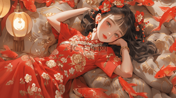 中国风国潮新年暴富锦鲤女孩插画图片 千库网