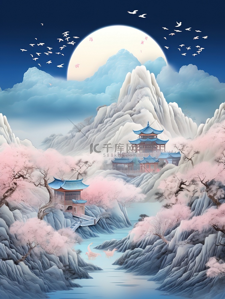 山水画水墨丹青浮雕艺术18插画图片 千库网