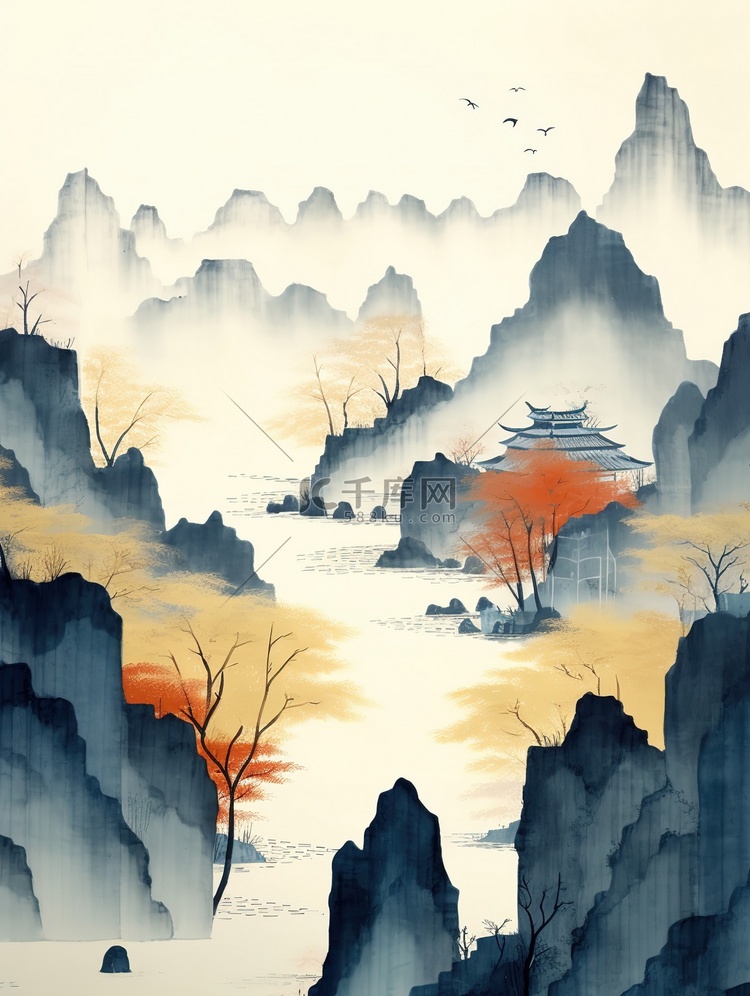 中国古建筑依山傍水水墨画13插画图片 千库网