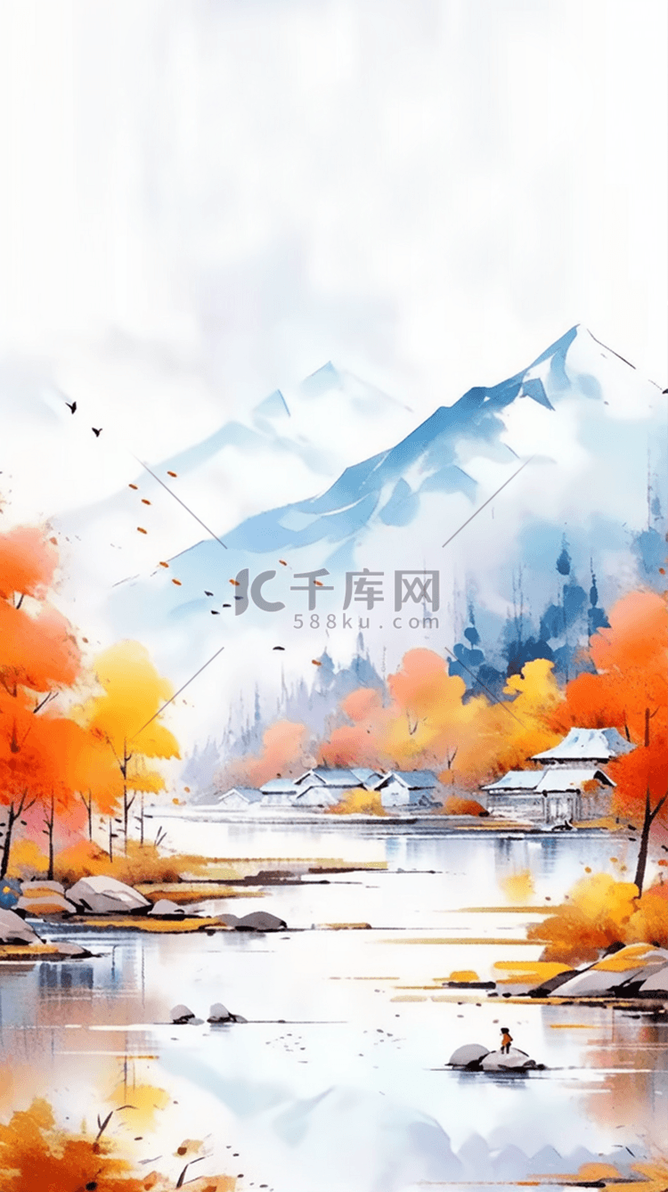 美丽的秋天透明质感水彩秋天插画图片 千库网