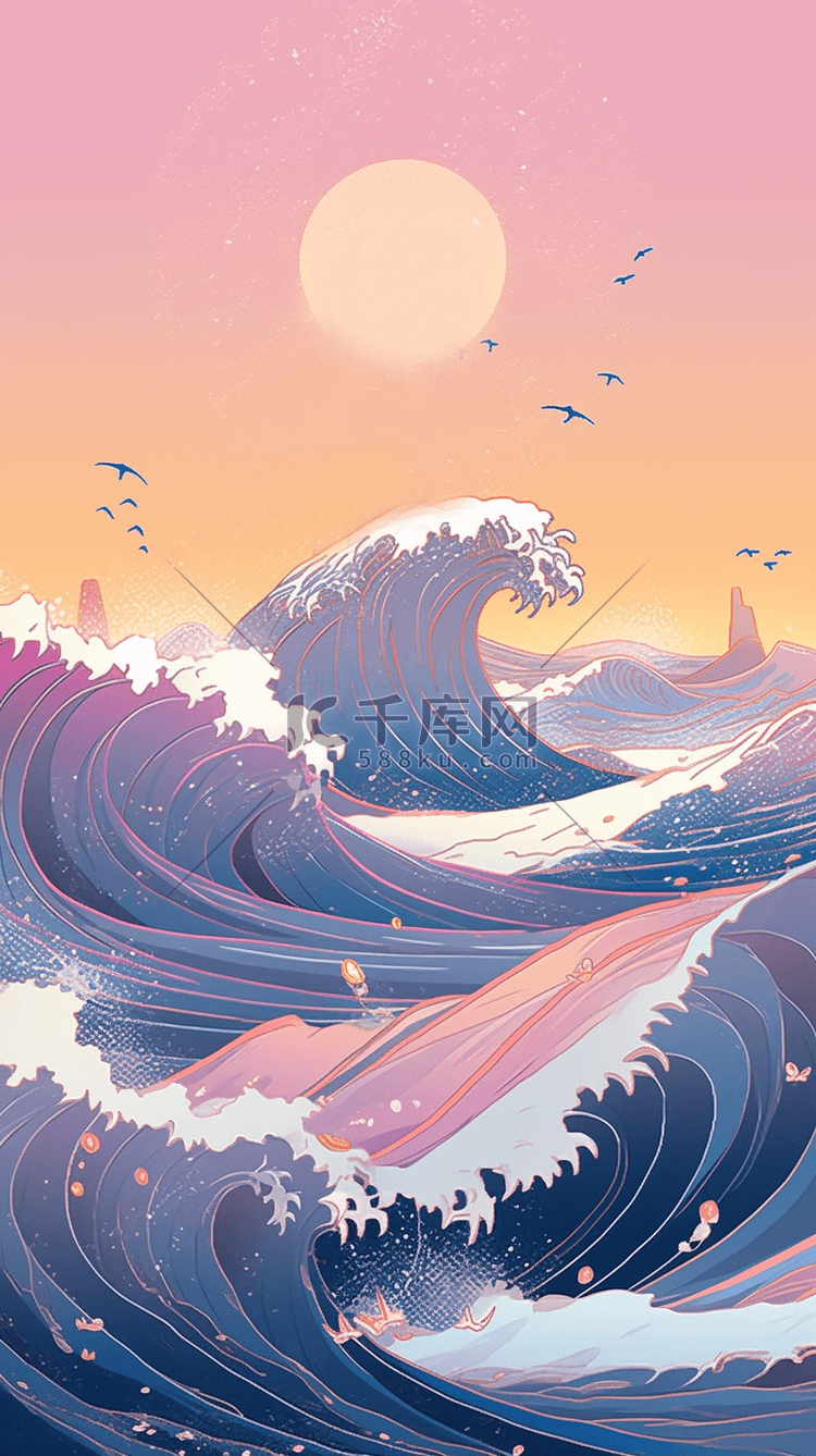国潮海浪新国风海浪插画图片 千库网