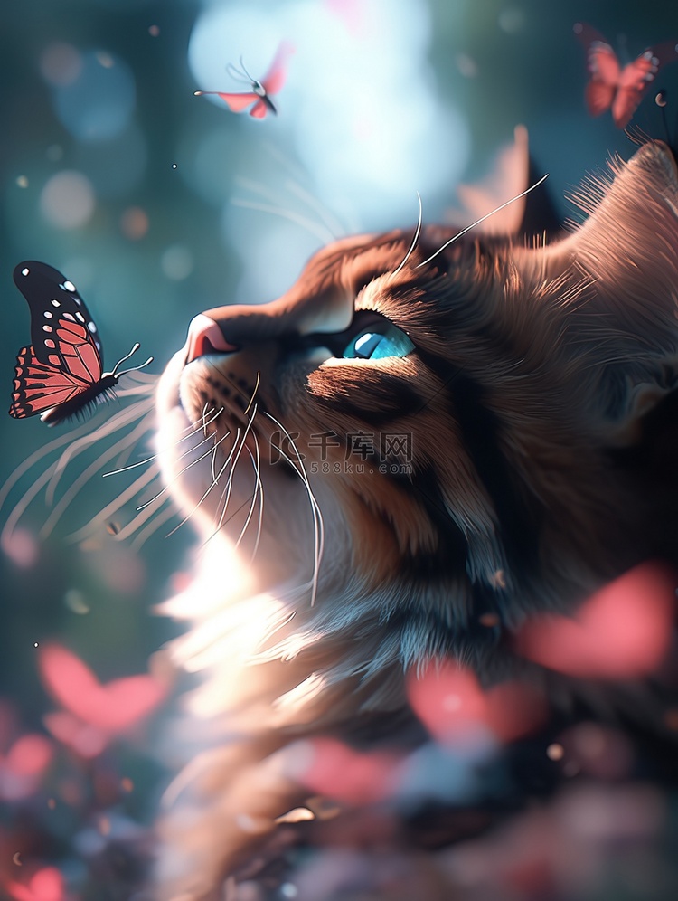 可爱的小猫和蝴蝶玩耍7插画图片 千库网