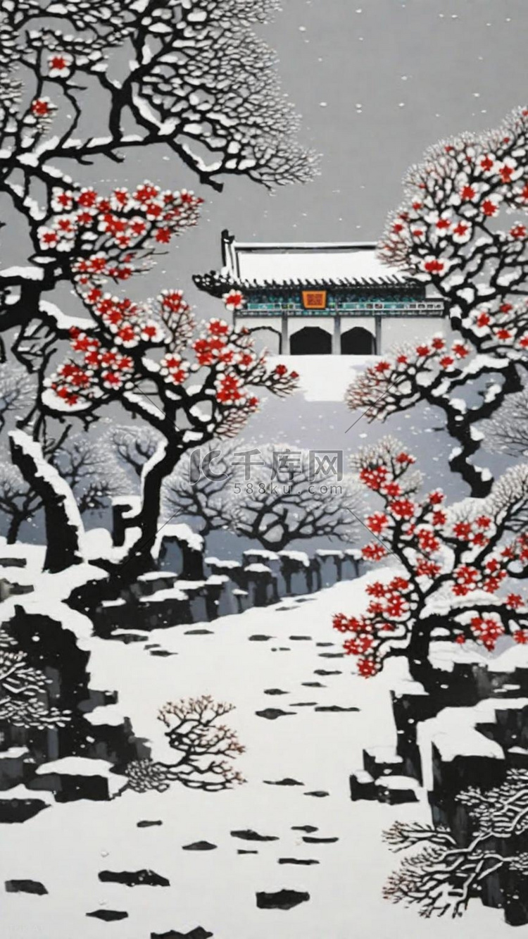 重彩肌理国潮冬天雪景红梅中式建筑插画图片 千库网