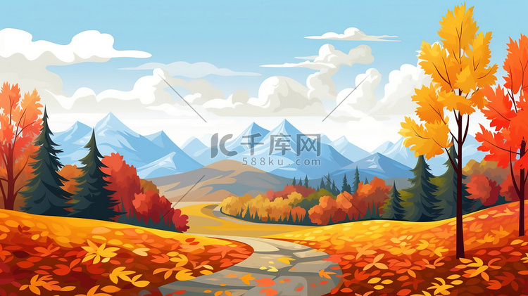 秋天风景远山雪峰枫树林11插画图片 千库网
