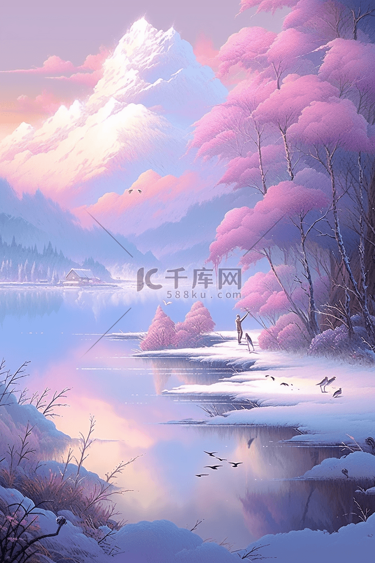 冬天粉紫色雪景唯美海报插画图片 千库网