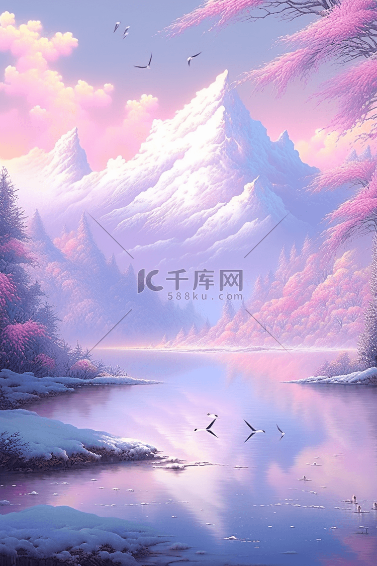 粉紫色冬天唯美雪景海报插画图片 千库网