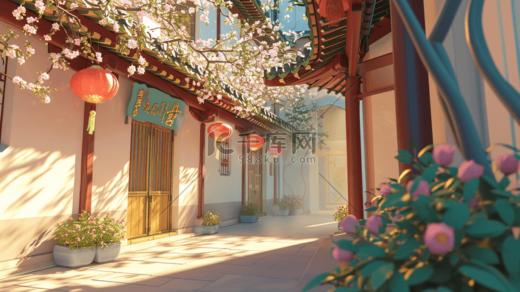 手绘古色古风古建筑庭院25插画图片 千库网