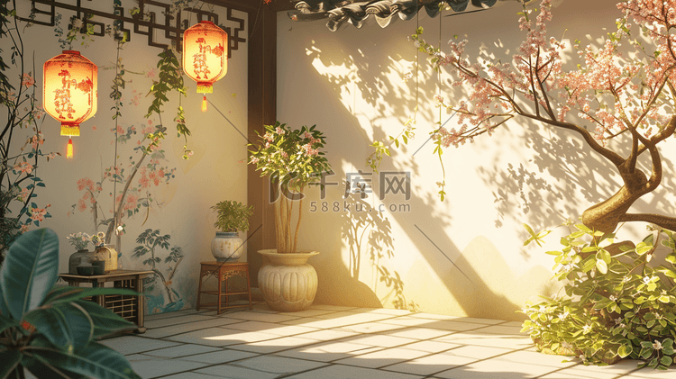 手绘古色古风古建筑庭院32插画图片 千库网