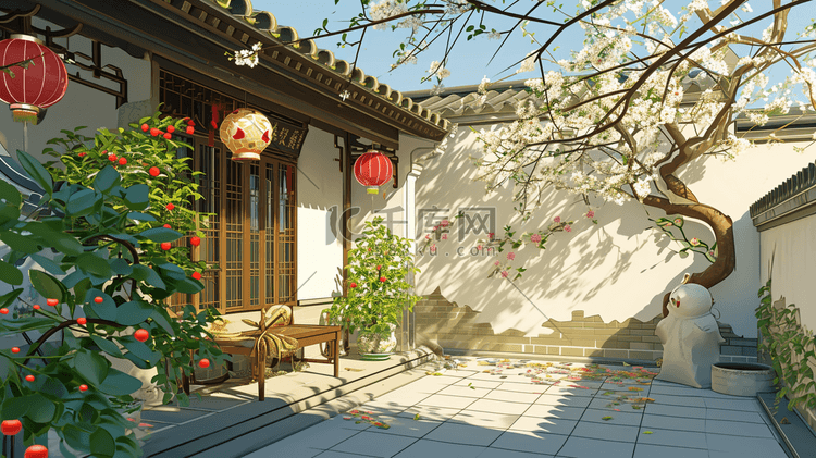 手绘古色古风古建筑庭院33插画图片 千库网