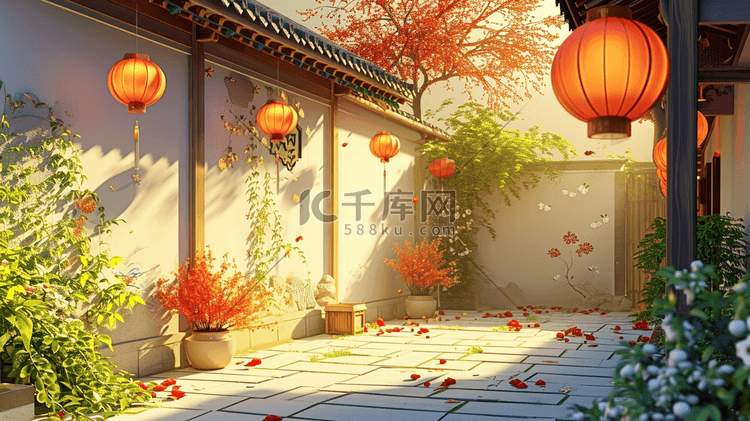 手绘古色古风古建筑庭院37插画图片 千库网